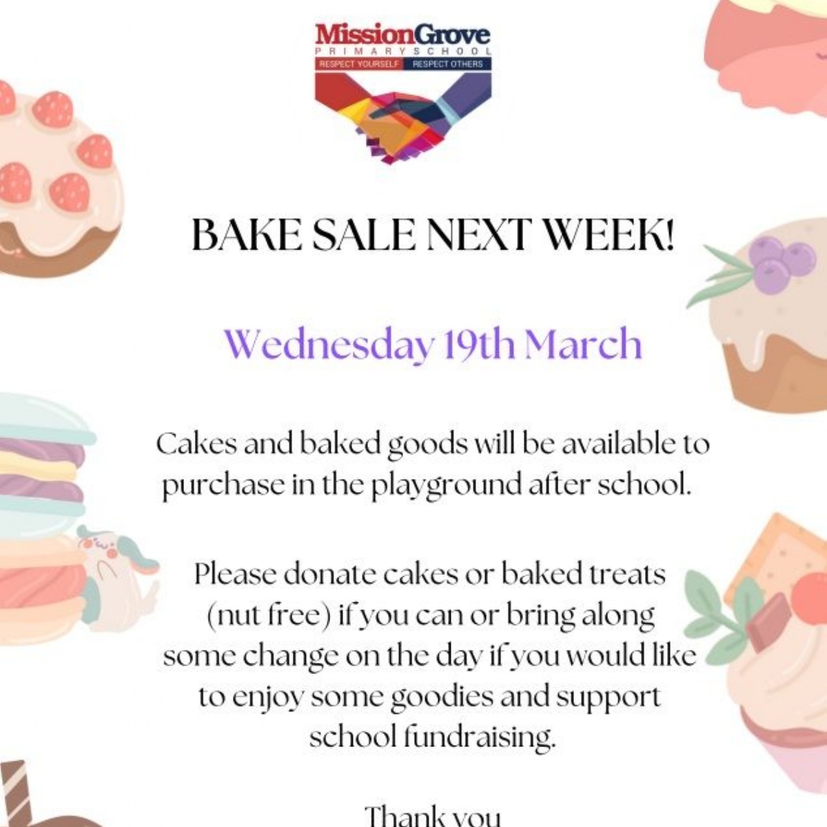 Mission Grove Primary School - This Wednesday - Bake Sale